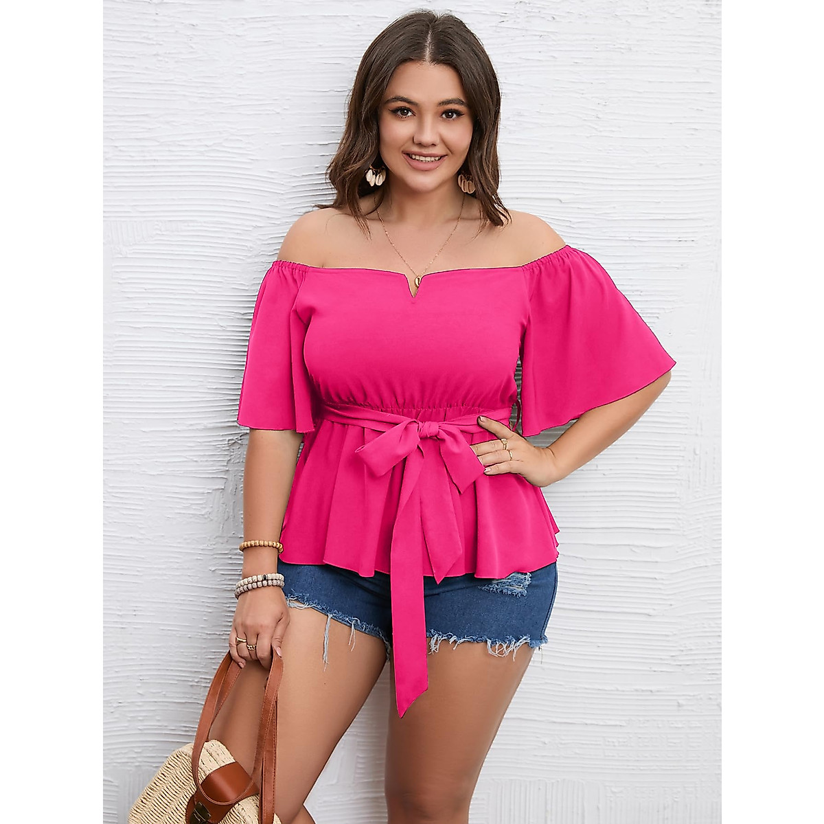 SCOMCHIC Women's Plus Size Off The Shoulder Peplum Blouse Top Half Bell Sleeve Tie Waist Ruffle Hem Babydoll Tops Rose Red