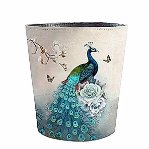 Scakbyer 10L/2.64 Gallon PU Leather Trash Can Peacock Decorative Waterproof Wastebasket Paper Basket Garbage Bin for Home Office Bathroom, Peacock Pattern