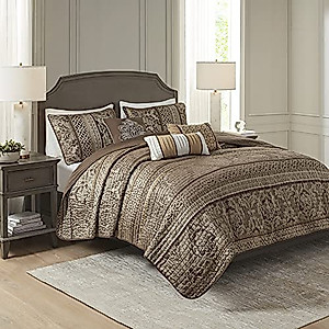 Madison Park Quilt Traditional Damask Design All Season, Lightweight Coverlet Bedspread Bedding Set, Matching Shams, Pillows, King/Cal King(104"x94"), Bellagio, Jacquard Brown/Gold 6 Piece (MP13-369)