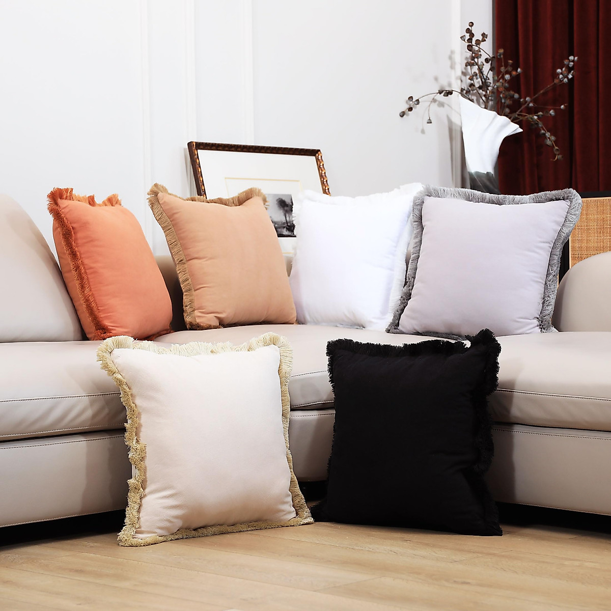 Black Linen Fringed Throw Pillow Cover 18x18 Inches Farmhouse Couch Pillows Cover for Bed Set of 2 Modern Neutral Decorative Throw Pillow Cases