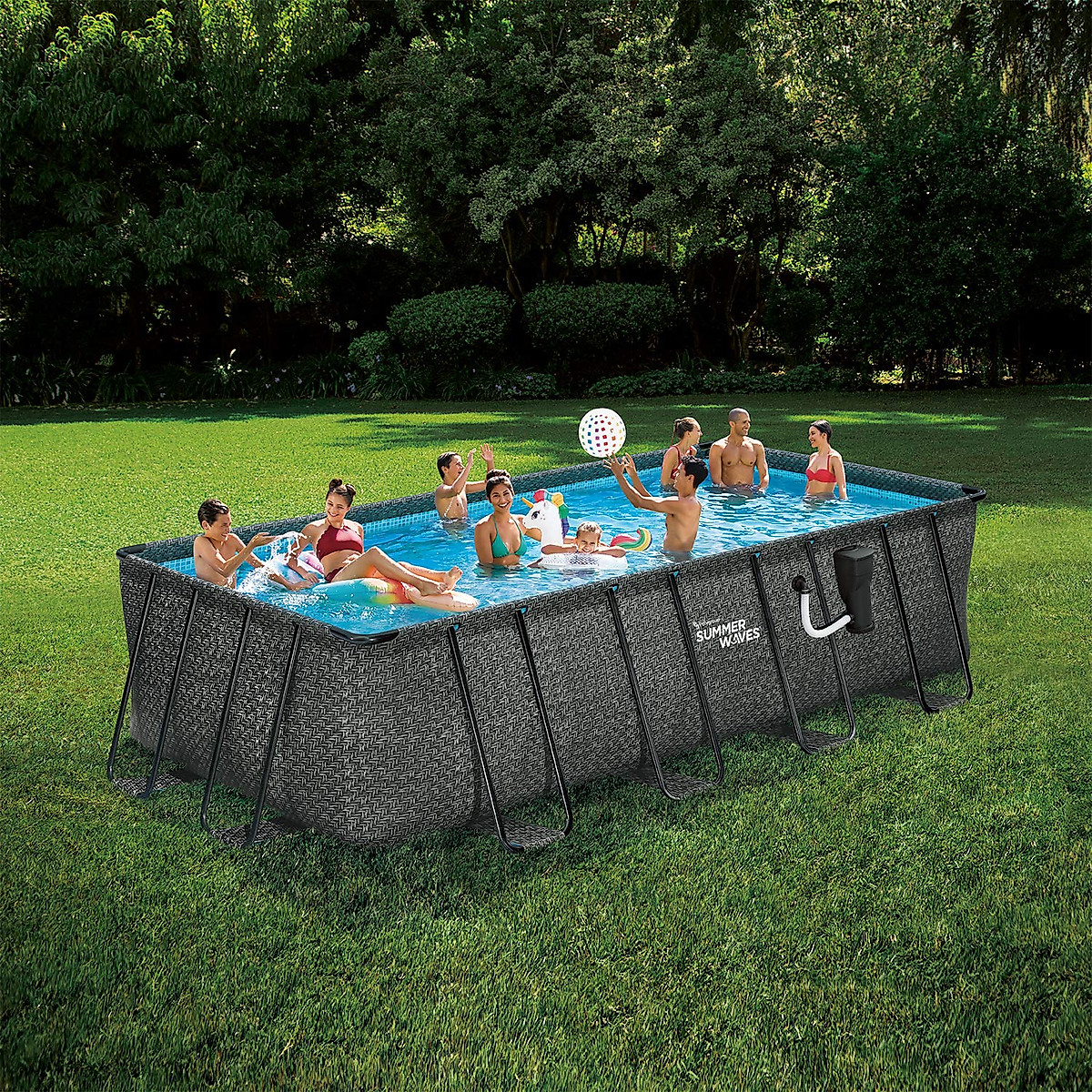 Summer Waves 18 Foot x 9 Foot x 52 Inch Above Ground Herringbone Outdoor Rectangle Frame Swimming Pool Set with Filter Pump, Pool Cover, Ladder, and Ground Cloth