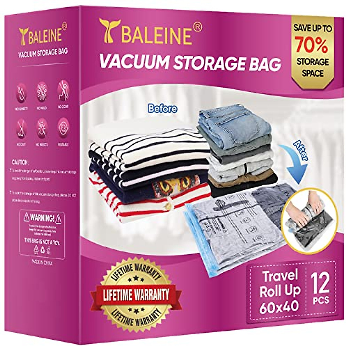 BALEINE Vacuum Storage Bag Space Saving Compression Sealer Bags for Moving (Travel Roll Up 12 Pack)