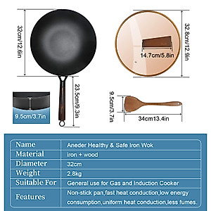 ANEDER Carbon Steel Wok Pan with Lid & Wood Spatula, 12.5" Cast Iron Stir Fry Pan with Flat Bottom and Wooden Handle for Electric, Induction and Gas Stoves