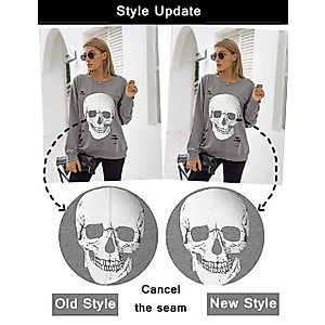 Blooming Jelly Women's Halloween Sweatshirts Skull Graphic T Shirts Long Sleeve Skeleton Shirt Gothic Fall Outfits 2024 (Medium, Grey)