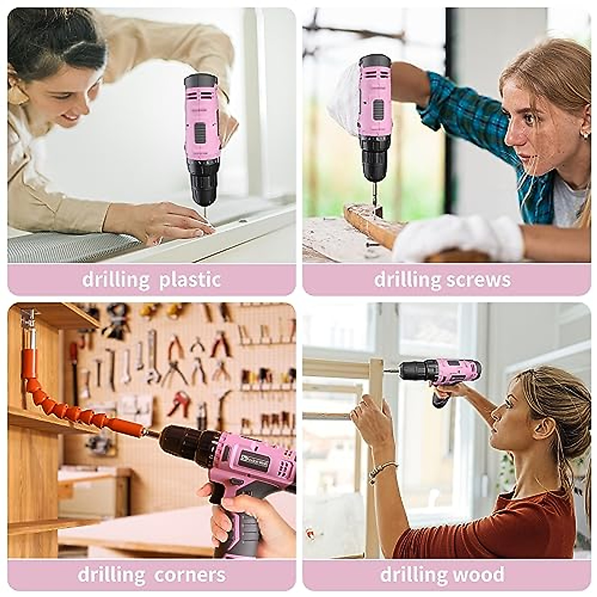 FADAKWALT Cordless Drill Set,12V Power Drill Set with Battery and Charger, compact Driver/Drill Bits, 3/8'' Keyless Chuck,21+1 Torque Setting, 180 inch-lbs, with LED Electric Drill Set（pale Pink）