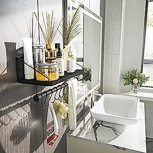 Alsonerbay Floating Shelves Wall Shelves for Bedroom, Bathroom Shelves Wall Mounted with Towel Bar, Kitchen Rustic Wood Shelf with Hooks for Hanging Cooking Utensils or Mugs