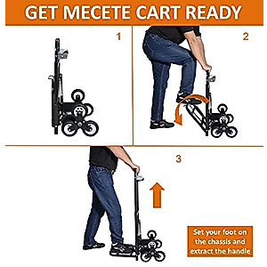 Mecete Hand Truck Dolly – Stair Climbing Cart, Stair Climber Cart 460 Lb Capacity All Terrain Stair Dolly Heavy Duty with Telescoping Handle and 6 Wheels (Black) Hand Truck 2 Climbing Ropes