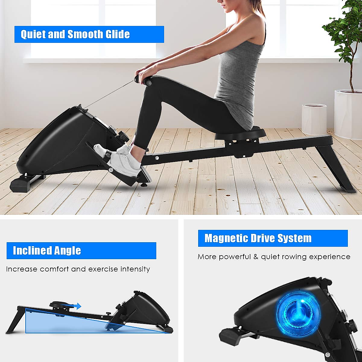 GYMAX Magnetic Rowing Machine, Foldable Rower with Digital Monitor & 10 Level Adjustable Resistance, Quiet Operated Fitness Rower for Home/Office/Apartment (Black)