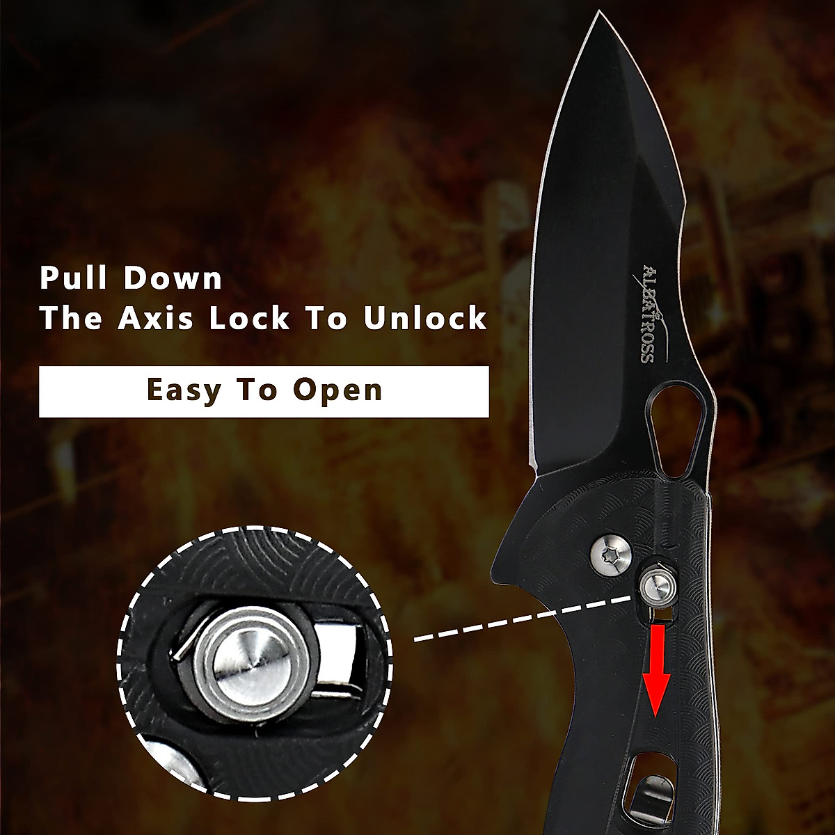 ALBATROSS Fliper Opening Camping Hunting Folding Pocket Knife with Axis Lock, Black Coated Stainless Steel Blade, Black FRN Handle, Gifts for Family and Friends, 7.2-Inch
