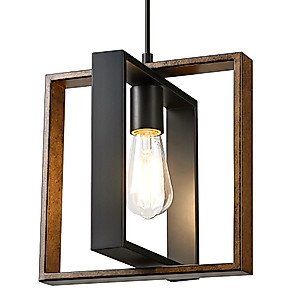 EDISHINE Farmhouse Pendant Light Fixture, Rustic Hanging Light Fixture with Wood Grain and Black Finish, Pendant Lighting for Kitchen Island, Dining Room, Hallway, Adjustable Cord, cULus Listed