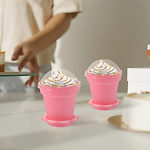 Kichvoe Flower Pot Dessert Cups 25 Sets Novelty Ice Cream Cups with Dome Lids Shovel Spoon for Appetizer Mousse Parfait Yogurt Pink