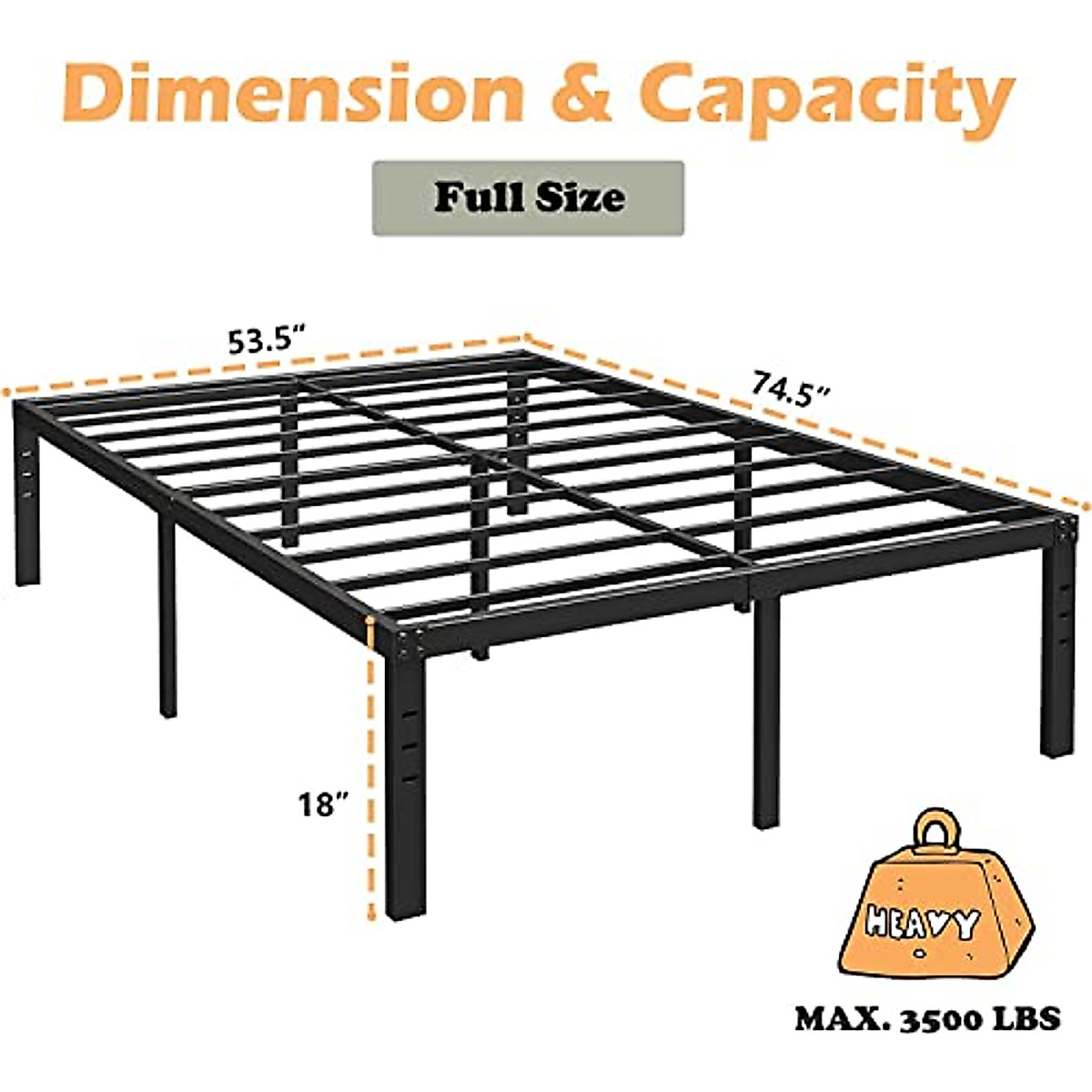 Artimorany Full Size Bed Frame, 18 Inch Mattress Foundation, Heavy Duty Steel Slats Support Platform with Underbed Storage, Easy Assembly, Non Squeak, Black