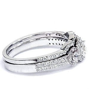 1.00CT 3-Stone Diamond Engagement Wedding Ring Set 10K White Gold - Size 8