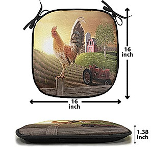 Lunarable Country Chair Cushion Pads Set of 4, Farm Barn Yard Image Rooster Animal Early Bird Nature and Rising Sun Print, Seat Padding for Office with Anti-Slip Backing, 16"x16", Pale Brown Red
