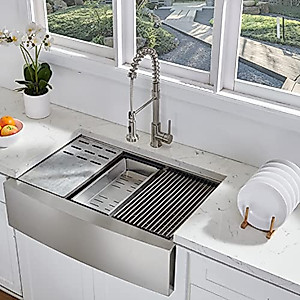 UFaucet 33 Inch Stainless Steel Farmhouse Sink, 33x22 Apron Front Sink Ledge Workstation, 16 Gauge Deep Single Bowl Kitchen Farm Sink with Accessories