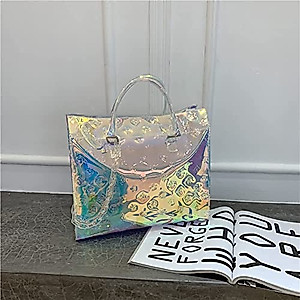 XinMaJiaSnail Women Holographic Tote Handbag Rainbow Colorful Clear Travel Bag Large Square Backpack