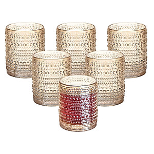 Golden Hobnail Beaded Drinking Glasses Set of 6, 12 oz Vintage Glassware Set Romantic Water Glasses Tumbler, Water Cups, Clear Embossed Glassware Set for Beer, Juice, Cocktail, Soda, Beverages Amber