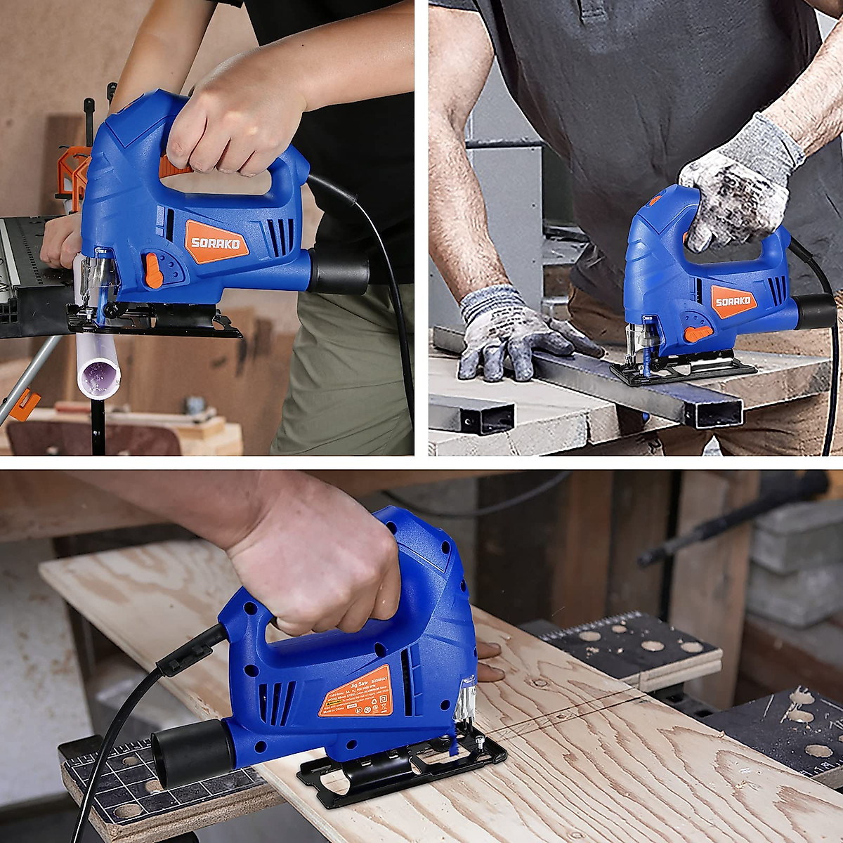 SORAKO Jigsaw, 5.0Amp Jig Saw Tool Corded Electric Power Cutter,800-3000 SPM Jig Saw, 6 Variable Speed, 0°-45° Bevel Cutting, 4 Orbital Sets, for Woodworking with 2PCS Blades & Scale Ruler