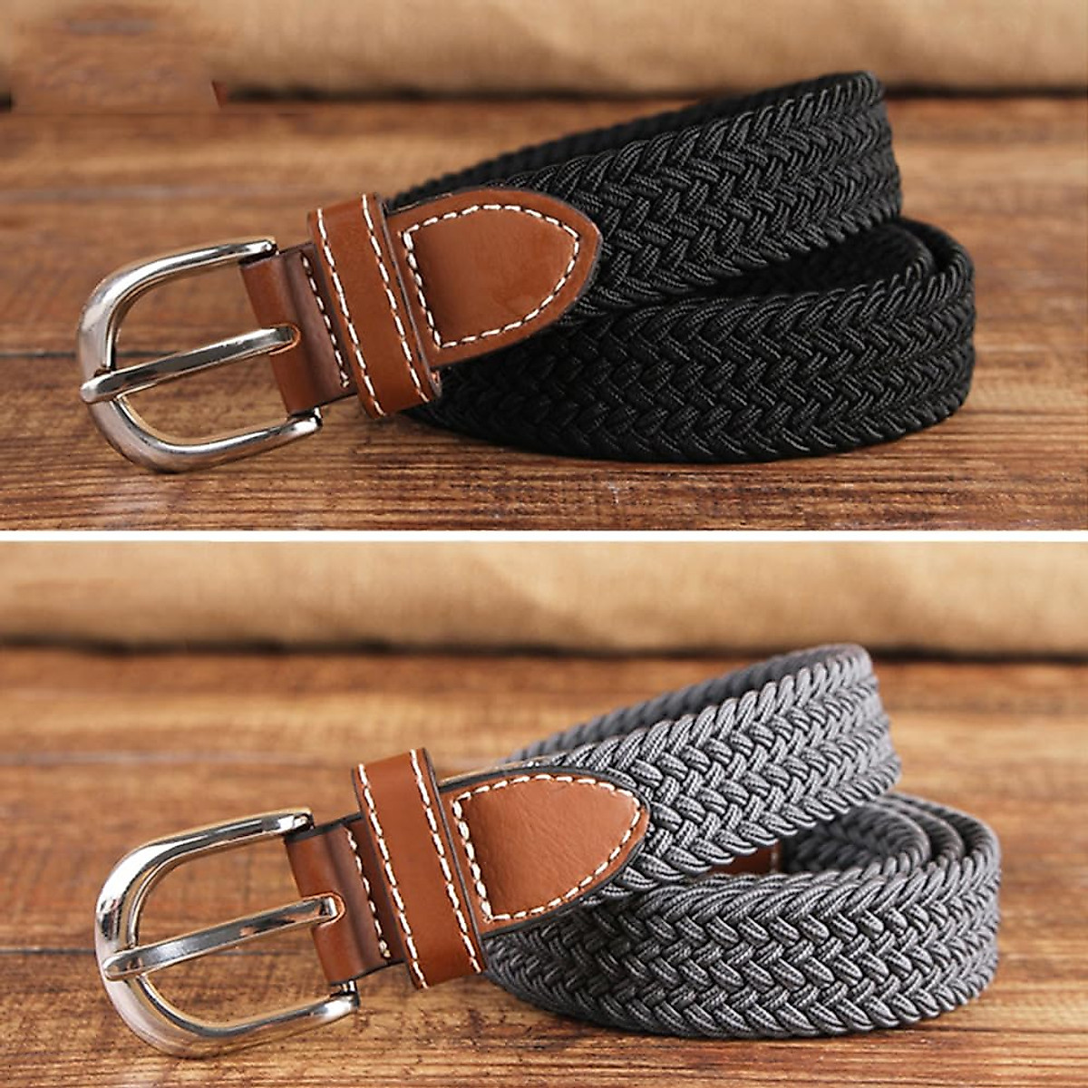 YUCFOREN 2 Pack 1'' Narrow Width Elastic Belt, Stretch Braided Skinny Fabric Woven Women or Girl Jeans Dress Casual Belt