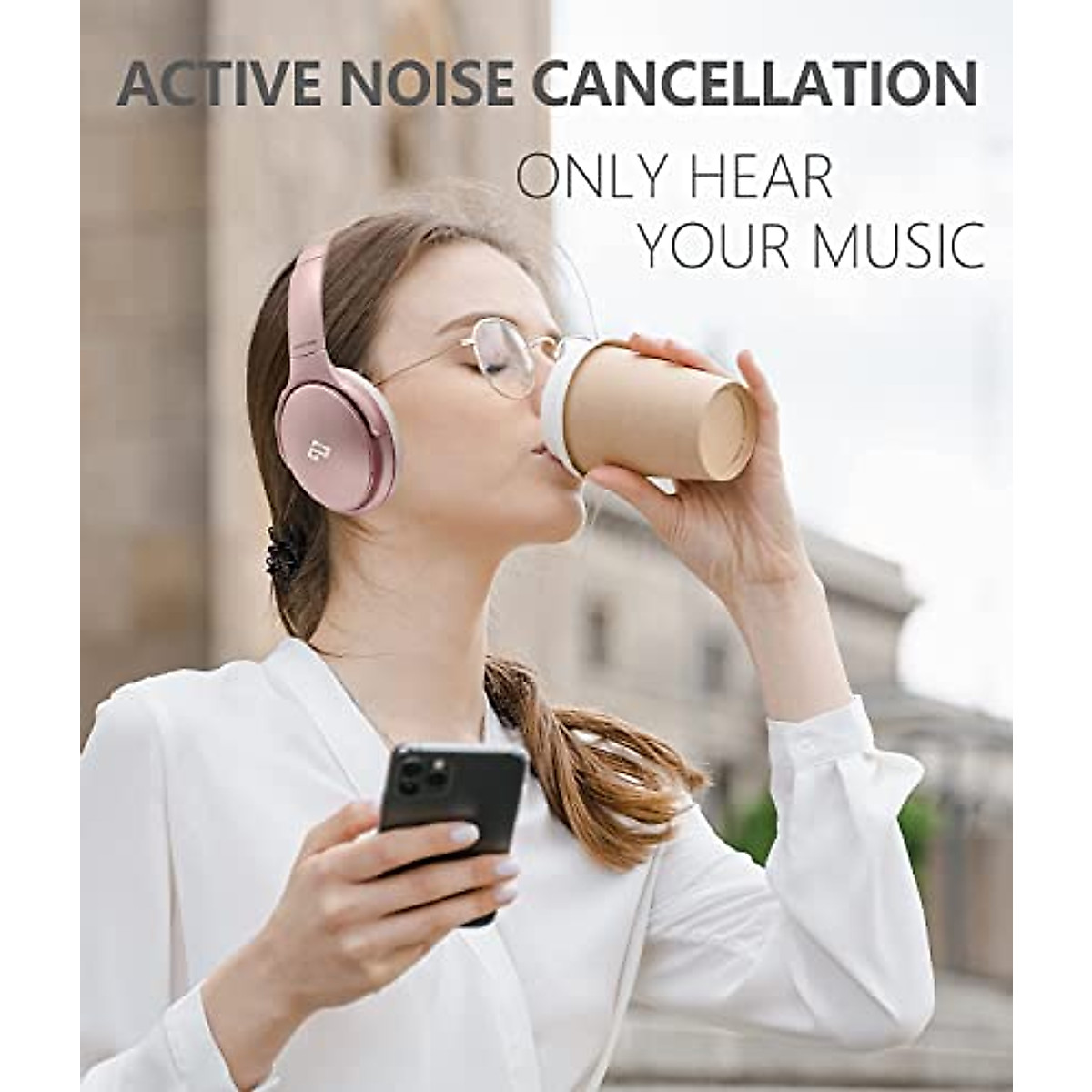 INFURTURE Active Noise Cancelling Headphones with Microphone, Wireless Over Ear Bluetooth Headphones-Black and Pink
