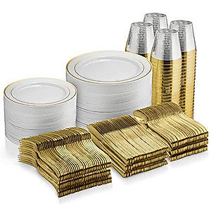 Munfix 600 Piece Gold Dinnerware Set - 100 Gold Rim 10 inch Plastic Plates 100 Gold Rim 7 Inch Plates -300 Gold Plastic Silverware - 100 Gold Plastic Cups - 100 Guest Disposable Gold Dinnerware Set