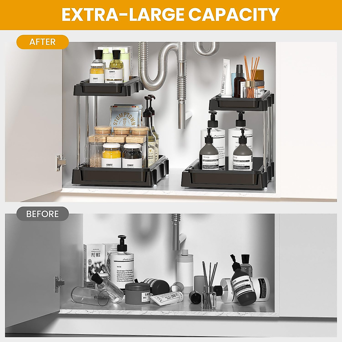 Trusthere Under Sink Organizers and Storage, 2-Tier Sliding Kitchen Sink Organizer, Bathroom Organizers and Storage Shelf Drawer, L-shapeUnder Sink Storage for Kitchen Bathroom Cabinet