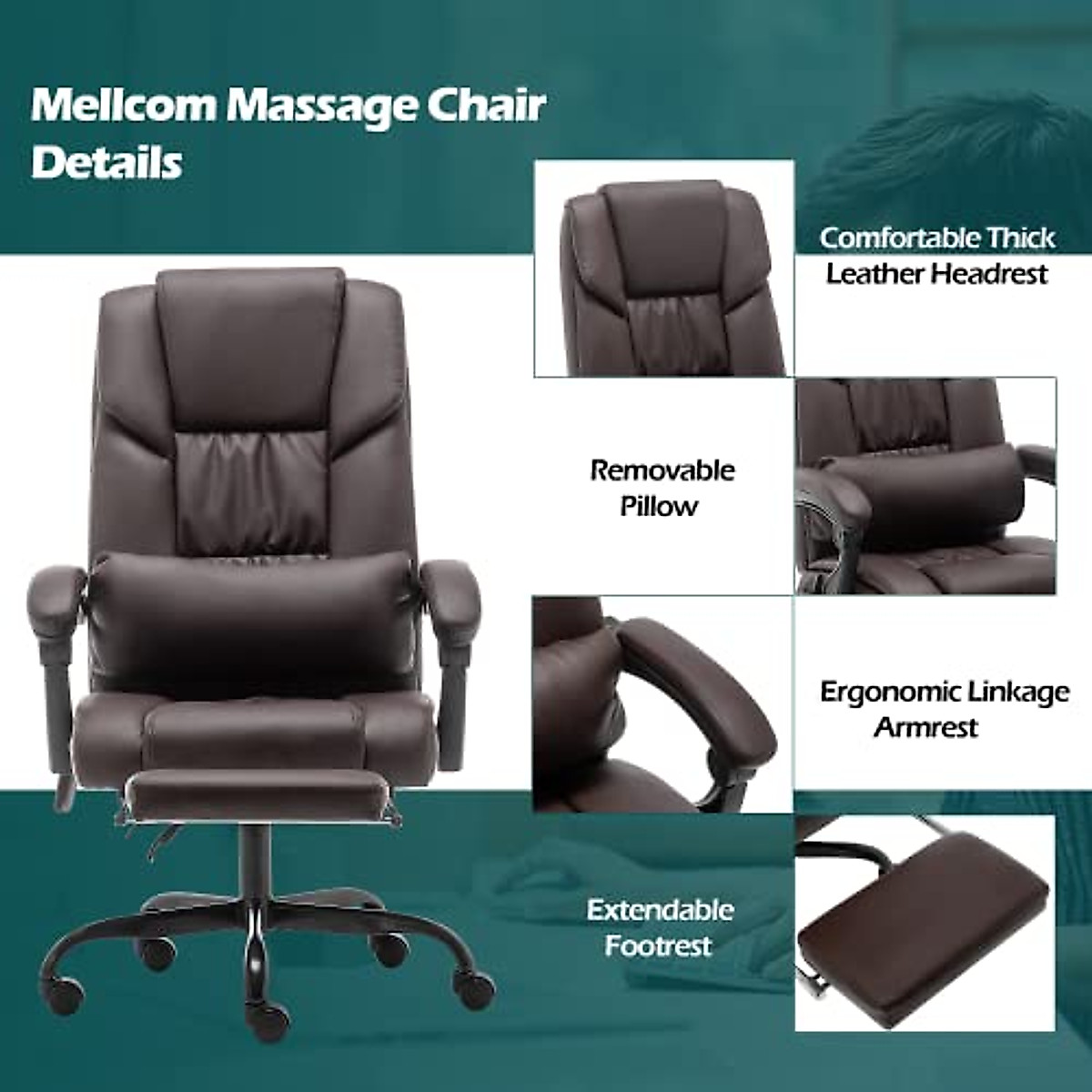 MELLCOM Massage Office Chair with Extendable Footrest, Pu Leather Executive 6 Pointed Vibrating Computer Gaming Chair with Headrest Support, Adjustable Back Recline, Brown