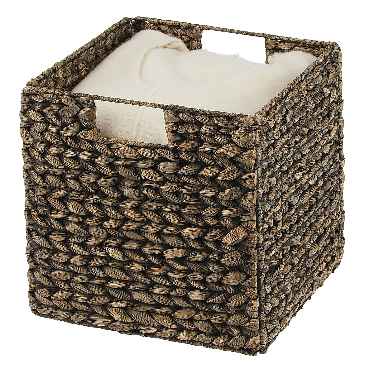 mDesign Natural Woven Hyacinth Cube Organizer Basket with Handles, Storage for Bathroom, Laundry Room Shelf or Nursery - Perfect for Cubby Storage Units - Hold Blankets and Books - 2 Pack, Black Wash