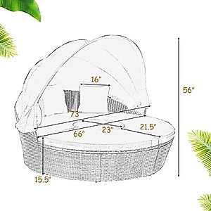 Tangkula Patio Round Daybed with Retractable Canopy, Outdoor Wicker Rattan Furniture Sets, Sectional Cushioned Sofa Set w/Height Adjustable Coffee Table, Rattan Conversation Sets (Black)