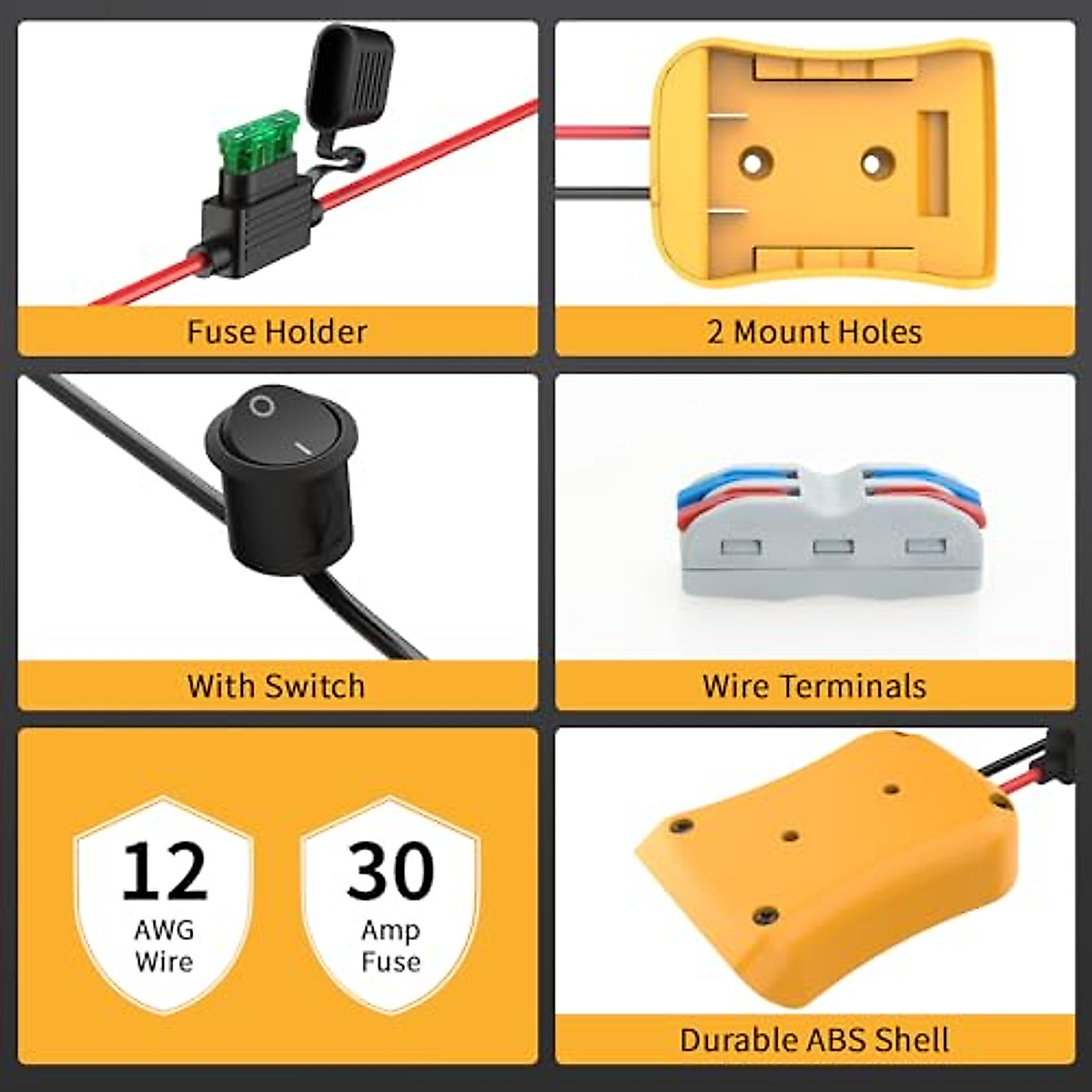 Kzreect Power Wheels Adapter for Dewalt 20V Battery Adapter, 20V Power Wheels Battery Converter Kit with Fuses Holder and Switch, Wire Terminals, 12AWG Wire for RC Car Toys Truck Adapter Set (2 Pack)