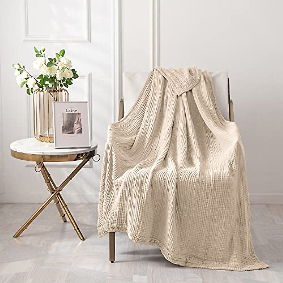 EMME Muslin Throw Cotton Blanket Soft Bed Blankets for Adults and Baby 55"x75" Lightweight Soft Breathable Throw Blanket All Season Gauze Blanket, Light Tan