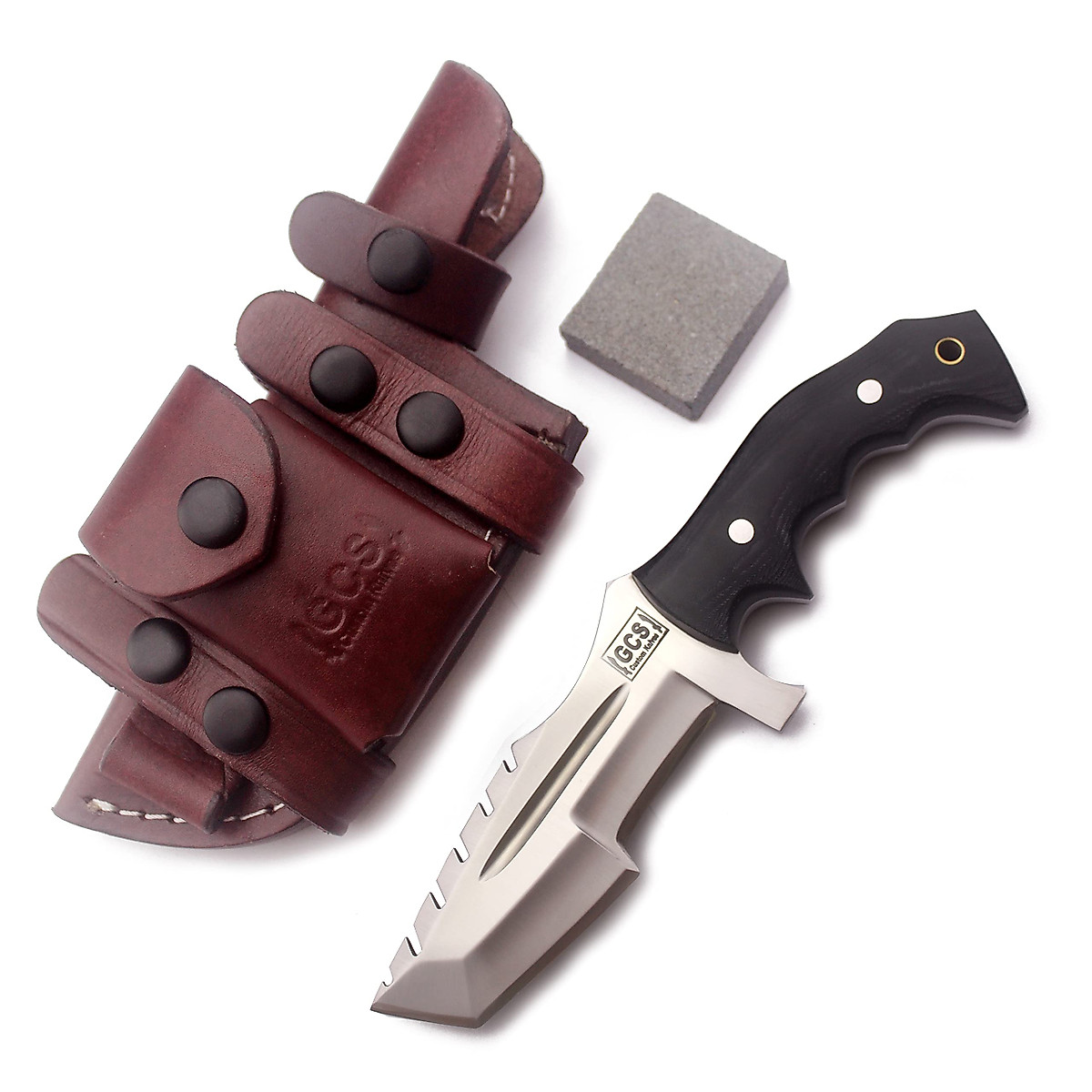 GCS Handmade D2 Steel Hunting Tracker with Black Micarta Handle, Fixed Blade Knife with Right Hand Scout Carry, Buffalo Leather Sheath - GCS 172S