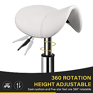 WKWKER Heavy Duty Saddle Rolling Stool with Wheels Hydraulic Swivel Adjustable Rolling Stool Ergonomic Thick Leather Seat Stool Chair for Kitchen Drafting Lab Office Salon Message Stool – White