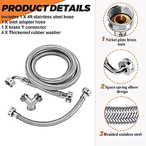 4FT Premium Steam Dryer Hose Installation Kit by Beaquicy - Include 4 Foot Stainless Steel Hoses,1 Foot Inlet Adapter Hose and Brass Y Connector