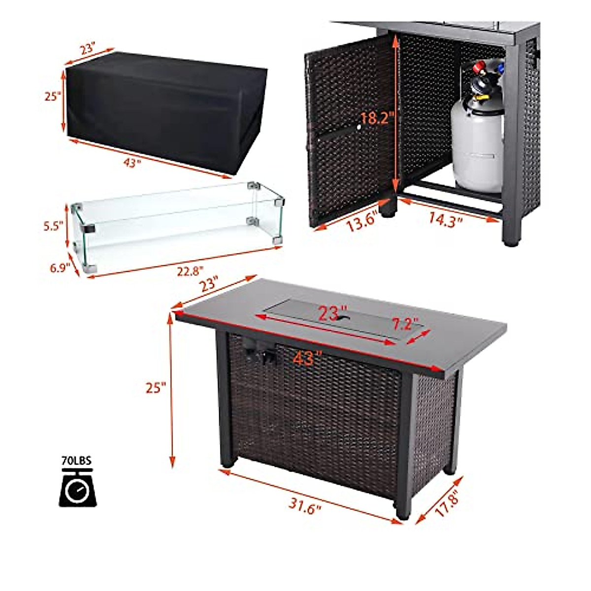 CUREALLSO 43 Inch Propane Fire Pit Table, 50,000 BTU Auto-Ignition Gas Fire Pit Table Rattan Look with Glass Wind Guard , Waterproof Cover, CSA Approved for Courtyard Terrace Gardens