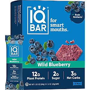 IQBAR Brain and Body Plant Protein Bars - Wild Blueberry - 12 Count, Low Carb, High Fiber, Gluten Free, Healthy Vegan Snacks - Low Sugar Keto Bar Pack