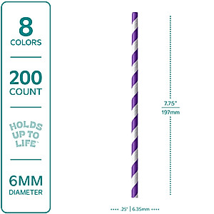 Paper Drinking Straws [200 Pack] 100% Biodegradable - Assorted Colors