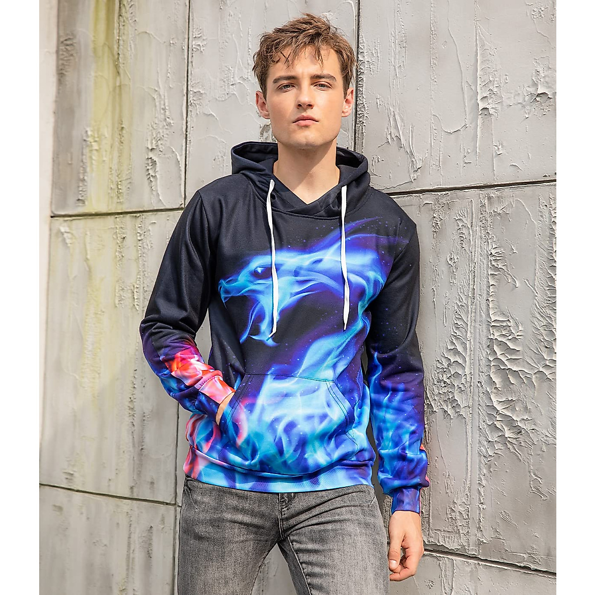 Men Long Sleeve Hoodie Women Novelty Hooded 3D All Over Print Blue Red Smoke Dragon Unique Design for Adults Youth Boys Couples Trendy Warm Fleece Pullover with Drawstring 80 Sports Clothing Large