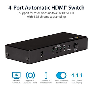 StarTech.com HDMI 2.0 Switch - 4 Port - 4K 60Hz - HDMI Automatic Video Switch Box - Multi Port Hub w/ 1 In 4 Out Functionality (VS421HD20)