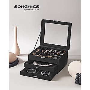 SONGMICS Jewelry Box, Lockable Jewelry Storage Organizer, Jewelry Case with Glass Window, for Rings, Earrings, Studs, Bracelets, Necklaces, Black UJBC158B01