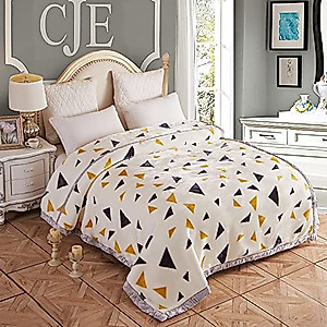 Queenshin Cozy Plush Simple Big Triangle Print Flannel Fleece Blanket, 800 GSM Super Thick Soft Raschel Throw for Sofa Couch Bed 60 * 80 inch, White