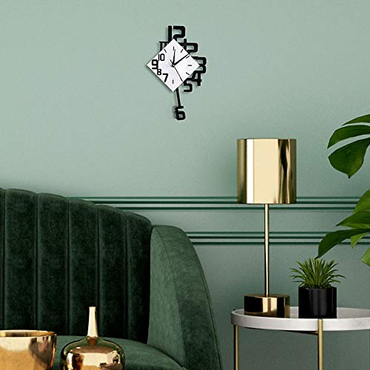 The Geeky Days Large Numbers Pendulum Clock Black and White Modern Design Irregular Numerals Decorative Fashion Silent Quartz Wall Watch with Swinging Number