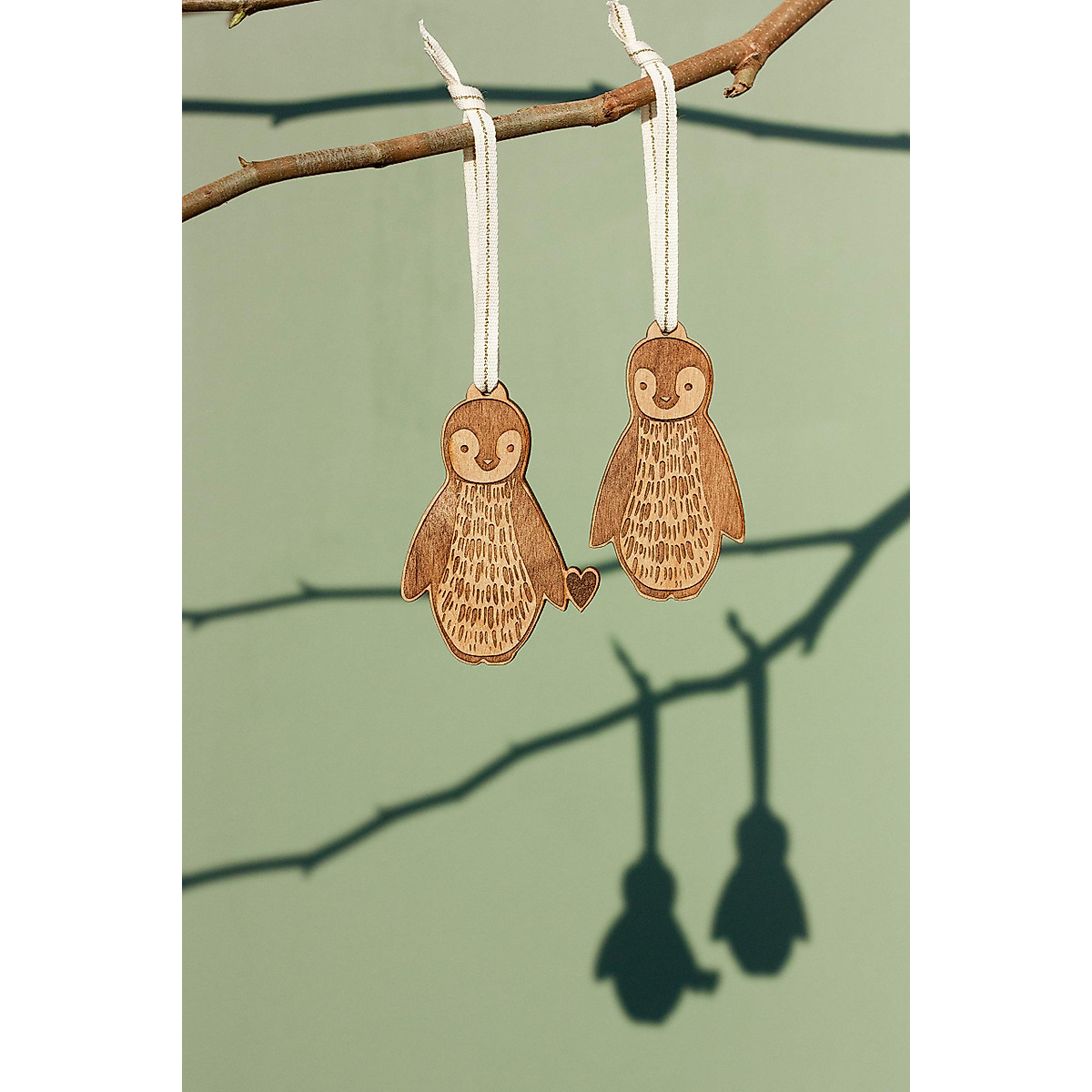 Penguin Pair Laser Cut Wood Ornaments - Comes with 2 [Christmas, Holiday, Love, Anniversary, Personalized Gifts, Custom Message, Stocking Stuffers]