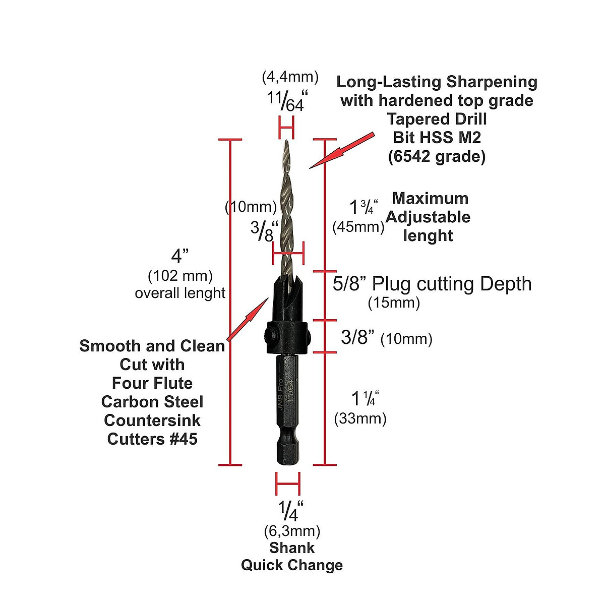 JNB Pro Wood Countersink Drill Bit Set - 5 Pc Adjustable Countersink Bit #8(11/64") All Same Size - 2 Extra 11/64 Tapered Drill Bit, 1 Adjust. Collar, 1 Wrench - 1/4" Quick Change Shank - Countersink