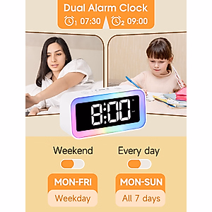 Cadmos Loud Alarm Clock for Bedrooms with Dynamic RGB Night Light,Heavy Sleepers Adults,Dual Alarm,Dimmer,USB Charger,Small Bedside Digital Clock with Led Display for Kids,Teens,Seniors (White)