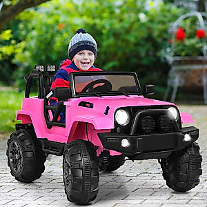 Costzon Ride On Car, 12V Battery Powered Electric Ride On Truck w/Parental Remote Control, LED Lights, Double Open Doors, Safety Belt, Music, MP3, Spring Suspension (Pink)