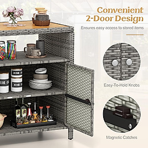 Tangkula Rattan Storage Cabinet, Outdoor Patiojoy Buffet Cabinet with Acacia Wood Countertop, Open Compartment & Enclosed Cabinet, 2-Door Wicker Sideboard, Storage Organizer for Poolside (Mix Grey)