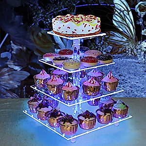 weddingwish Cupcake Stand, 4-Tier Square Acrylic Cupcake Display Stand with LED String Lights Dessert Tower Pastry Stand for Birthday or Wedding Party (Blue)