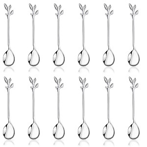 IFeico Mini Coffee Spoons, Food Grade Stainless Steel Tea Spoons, 4.7 inch Silver Leaf Dessert Spoons for Home, Kitchen Tableware, Demitasse Espresso Spoons, Dishwasher Safe, Set of 12