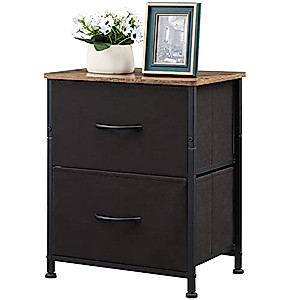 Somdot Nightstand with 2 Drawers, Bedside Table Small Dresser with Removable Fabric Bins for Bedroom Nursery Closet Living Room - Sturdy Steel Frame, Wood Top, Pull Handle - Black/Rustic Brown